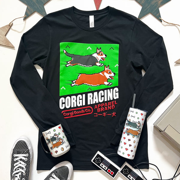"NEW" 8-Bit Retro Corgi Racing Game Long Sleeve Tee - The Corgi Goods Co.